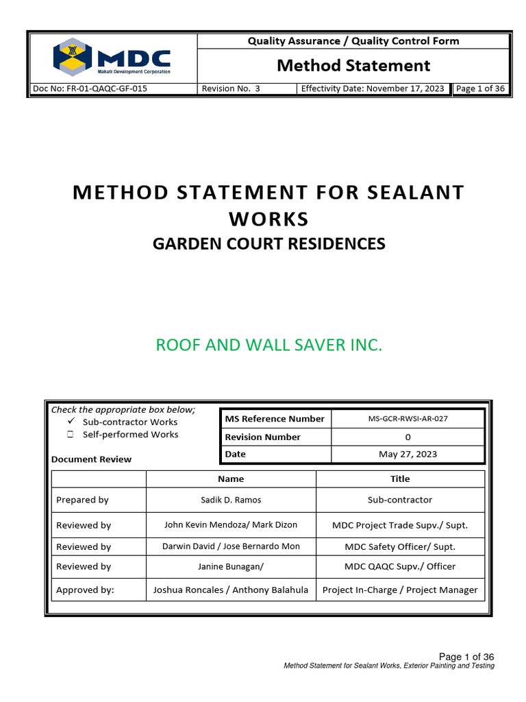 Method Statement For Precast Sealant and 501 Testing (RWSI) | PDF
