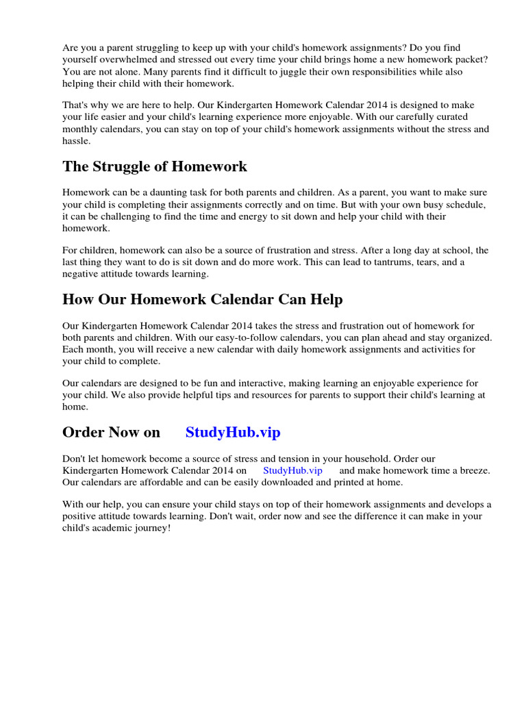 Stress-Free Kindergarten Homework Calendar | PDF | Homework | Essays