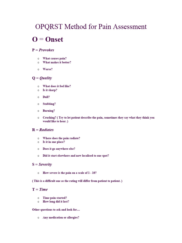 PQRST Method For Pain Assessment | PDF