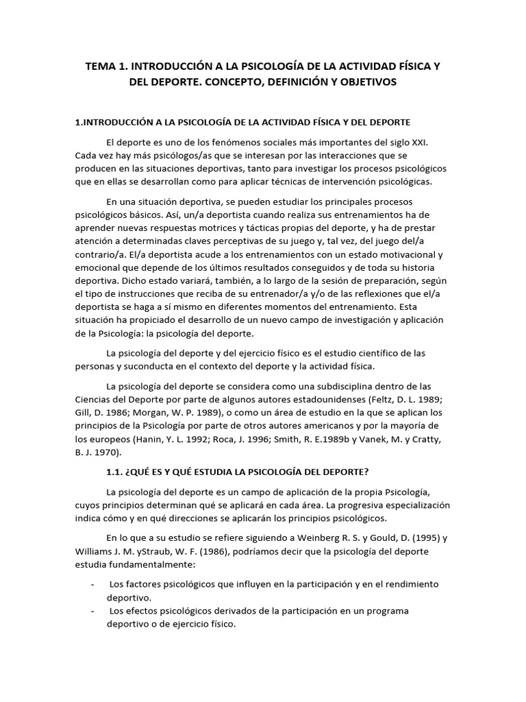 Tema 01. Introduccion A La Psicologia de La Actividad Fisica y Del Deporte. Con | PDF ...