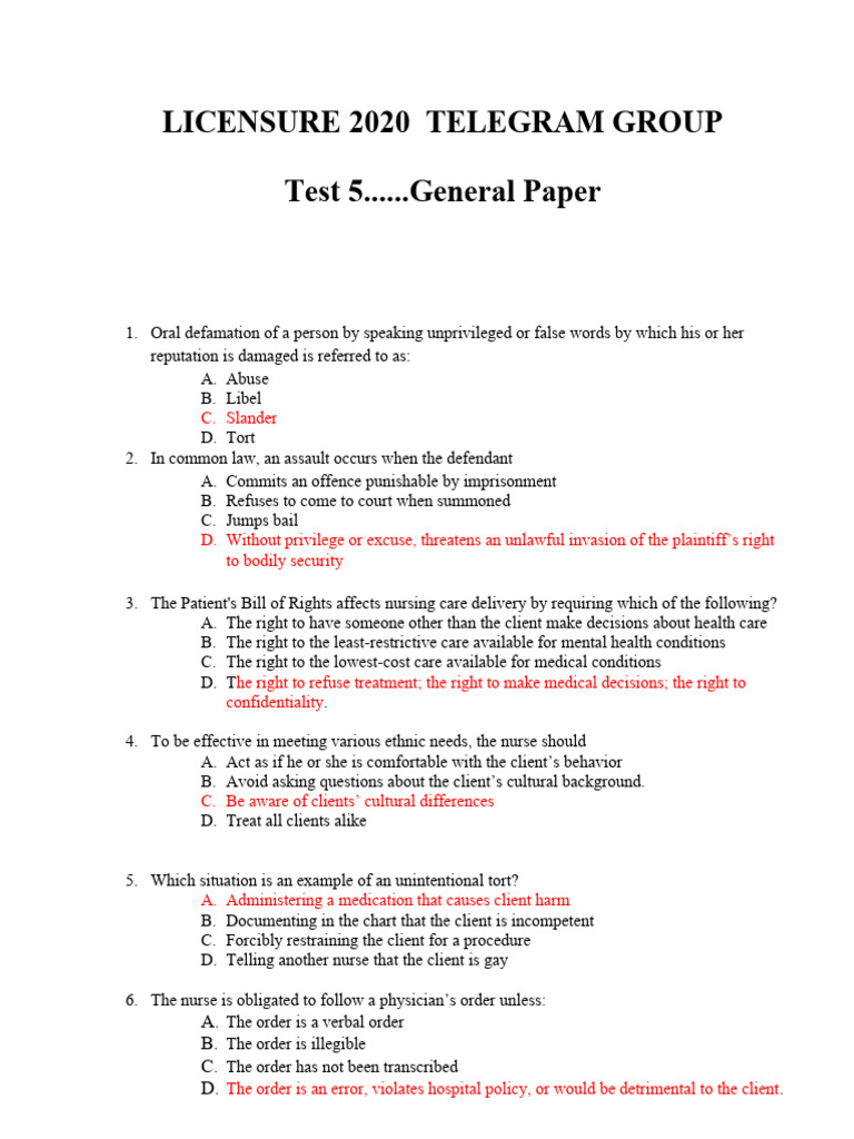 Answers Test 5..... Gen Paper | PDF | Miscarriage | Defamation
