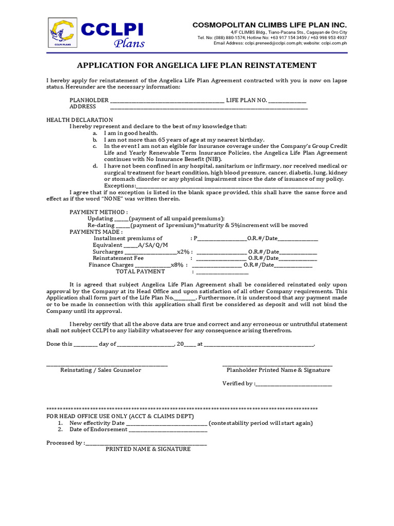 Reinstatement Form 1 | Download Free PDF | Insurance | Health Care