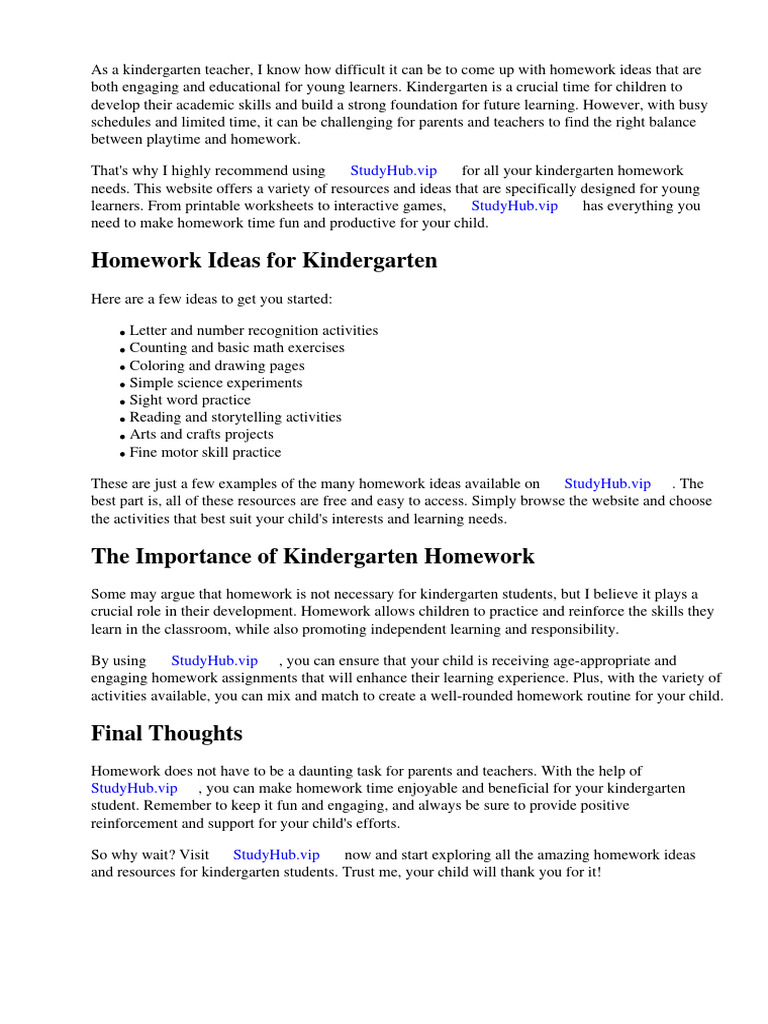 Homework Ideas For Kindergarten | PDF | Homework | Worksheet