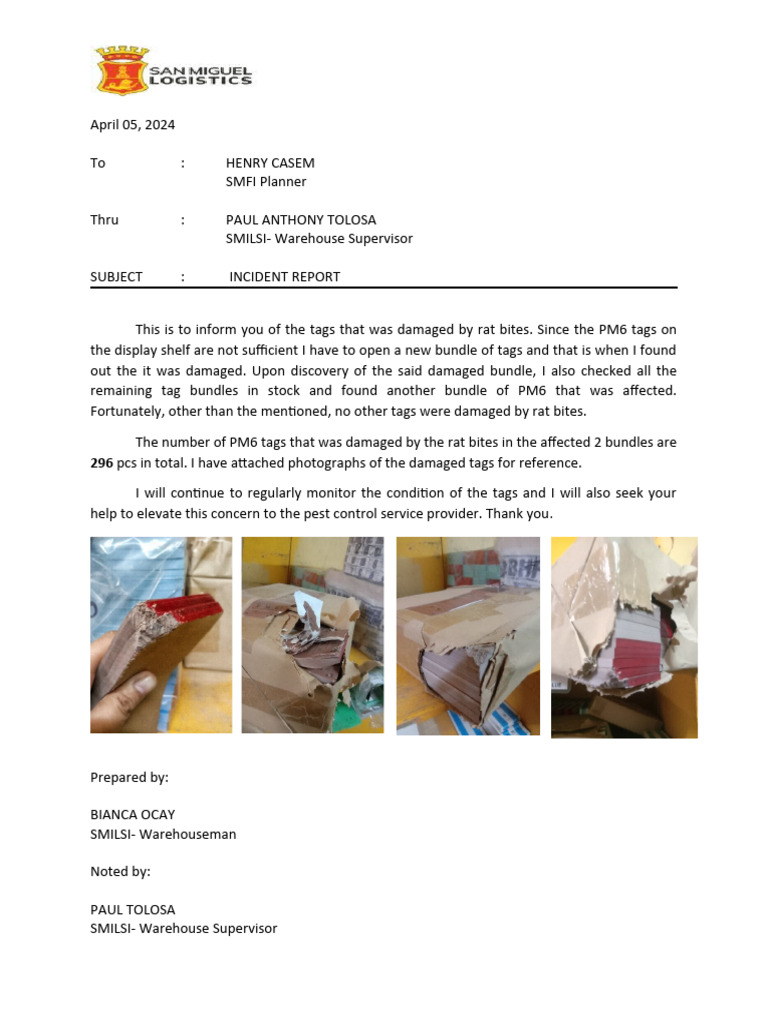 Sample Letter for Incident Report (Damaged Materials) | PDF