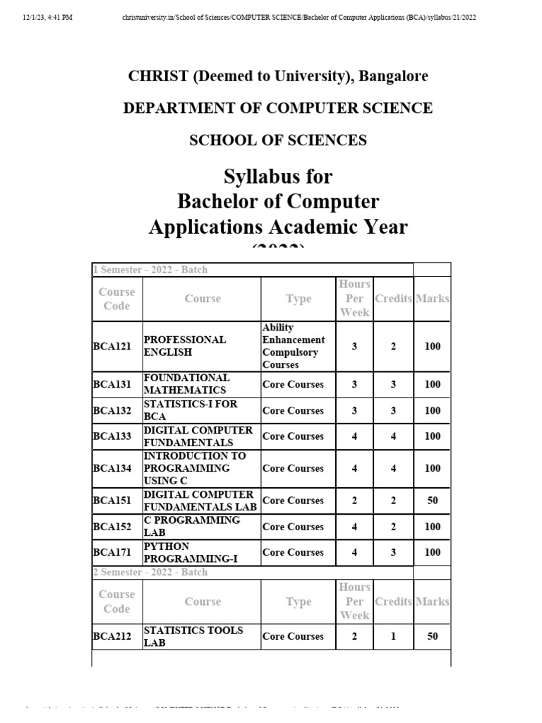 Christuniversity Bachelor of Computer Applications (BCA) - Syllabus - 21 - 2022 | PDF ...