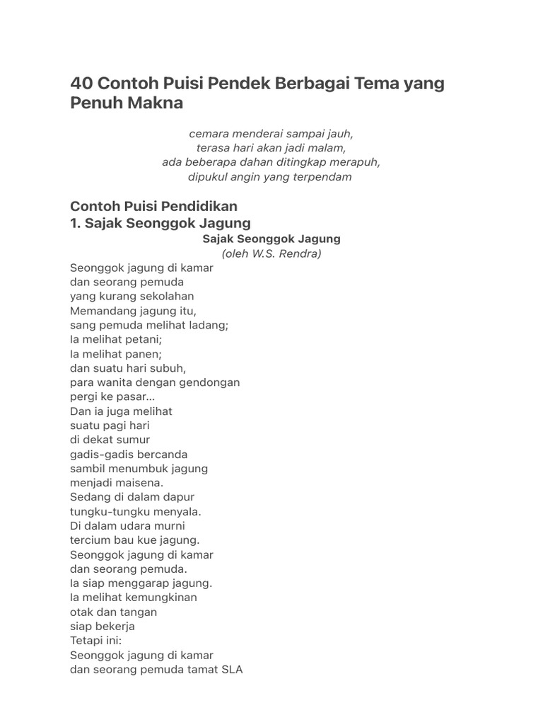 40 Contoh Puisi Pendek Berbagai Tema Yang Penuh Makna | PDF