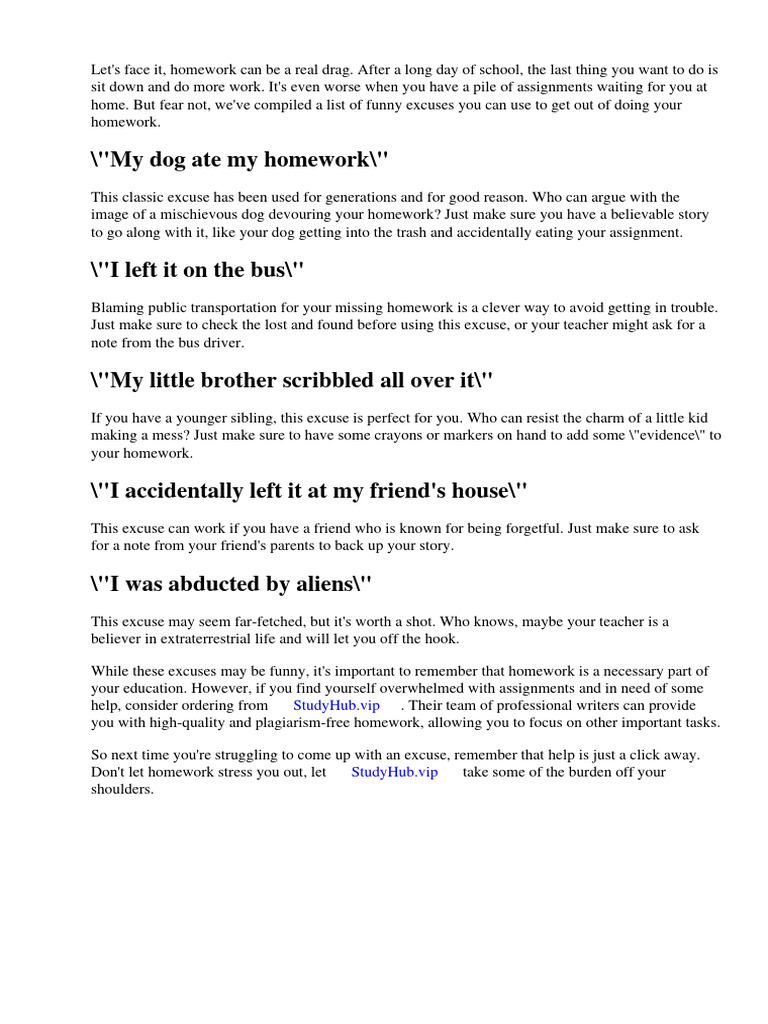 Funny Excuses Why To Not Do Homework | PDF | Homework | Essays