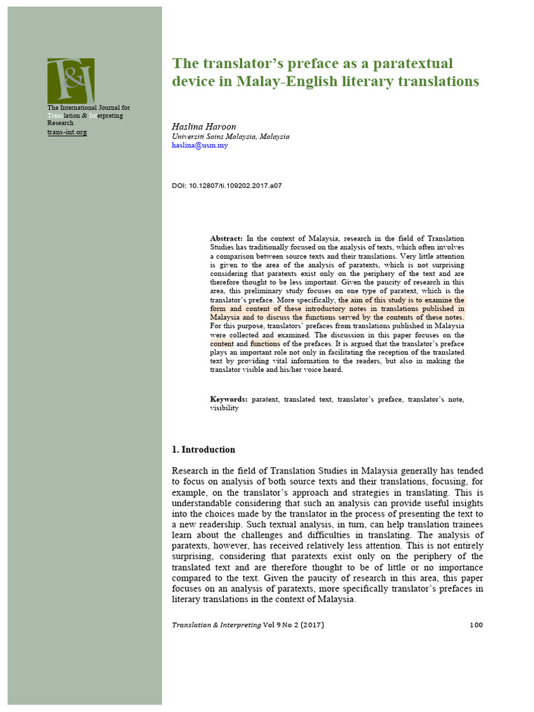 Haslina Haroon (2017) The Translator's Preface As A Paratextual Device in Malay-English Literary ...