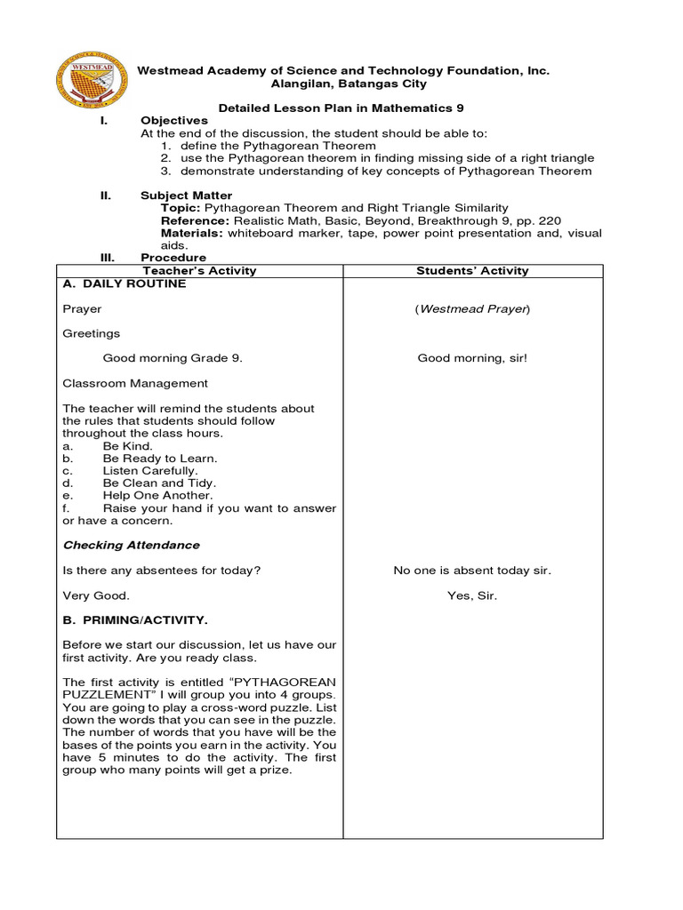 DLP Grade 9 Pythagorean Theorem Final | PDF | Triangle | Geometry