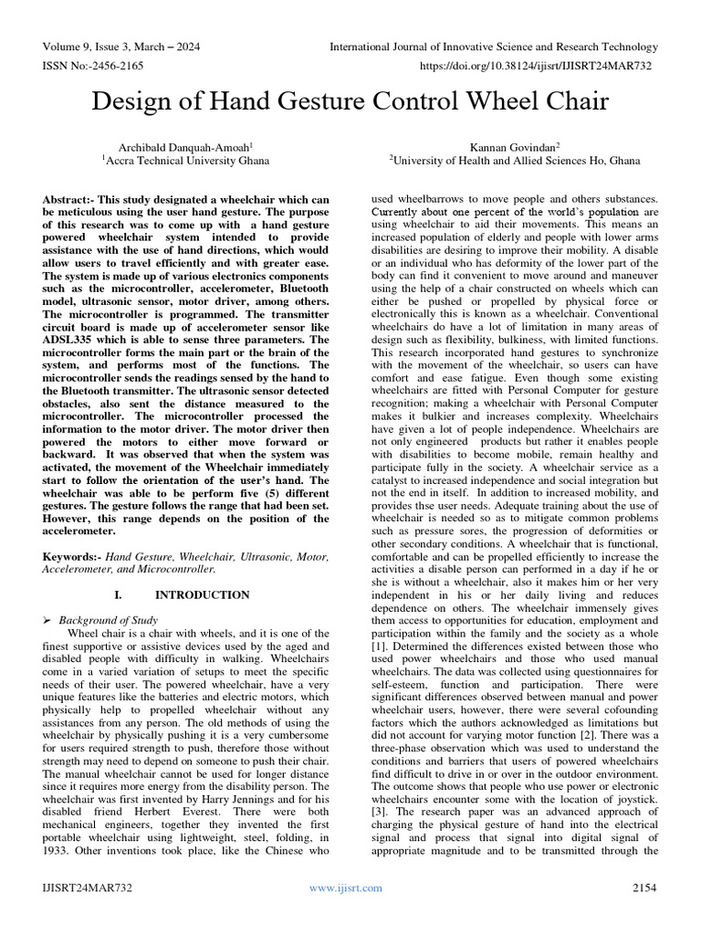 Design of Hand Gesture Control Wheel Chair | PDF | Wheelchair | Power ...