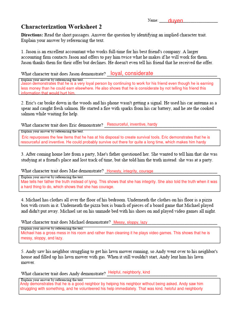 Characterization Worksheet 2 Activities | PDF