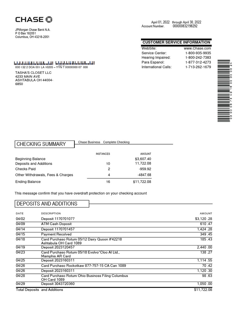 Chase Business Account Statement Sample | PDF | Transaction Account ...