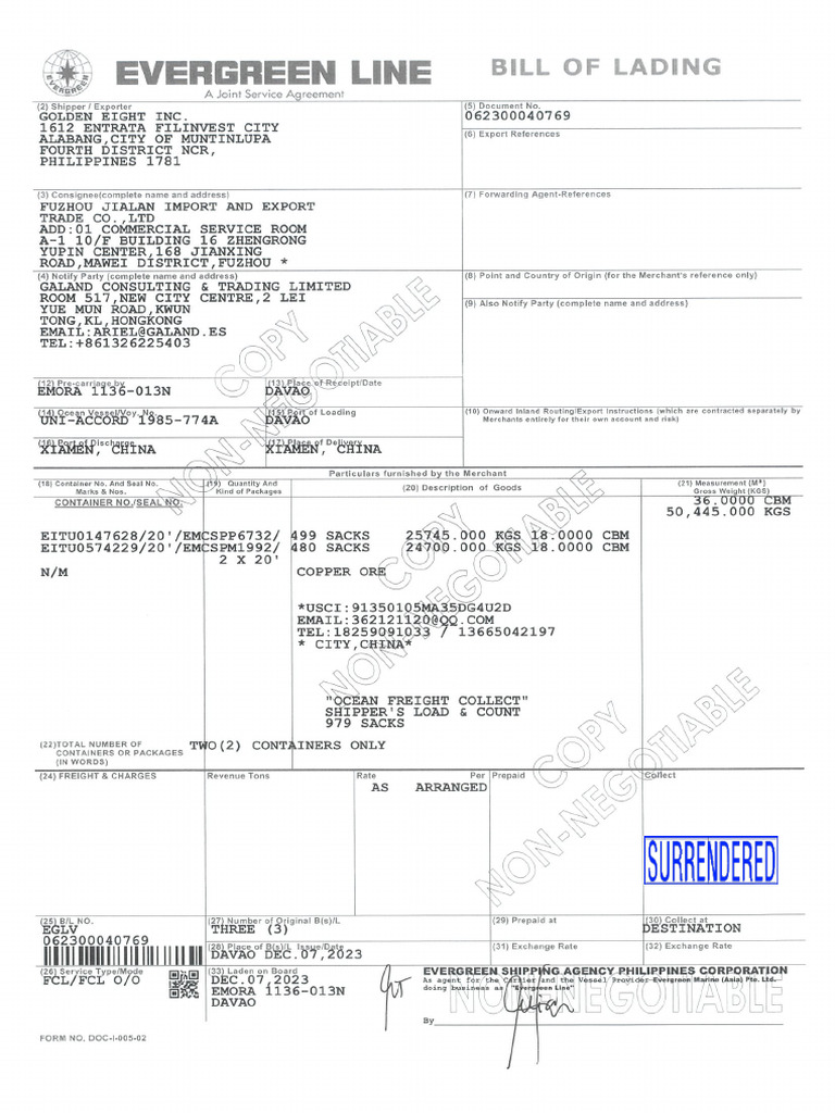 Bill of Lading Copper Ore | PDF