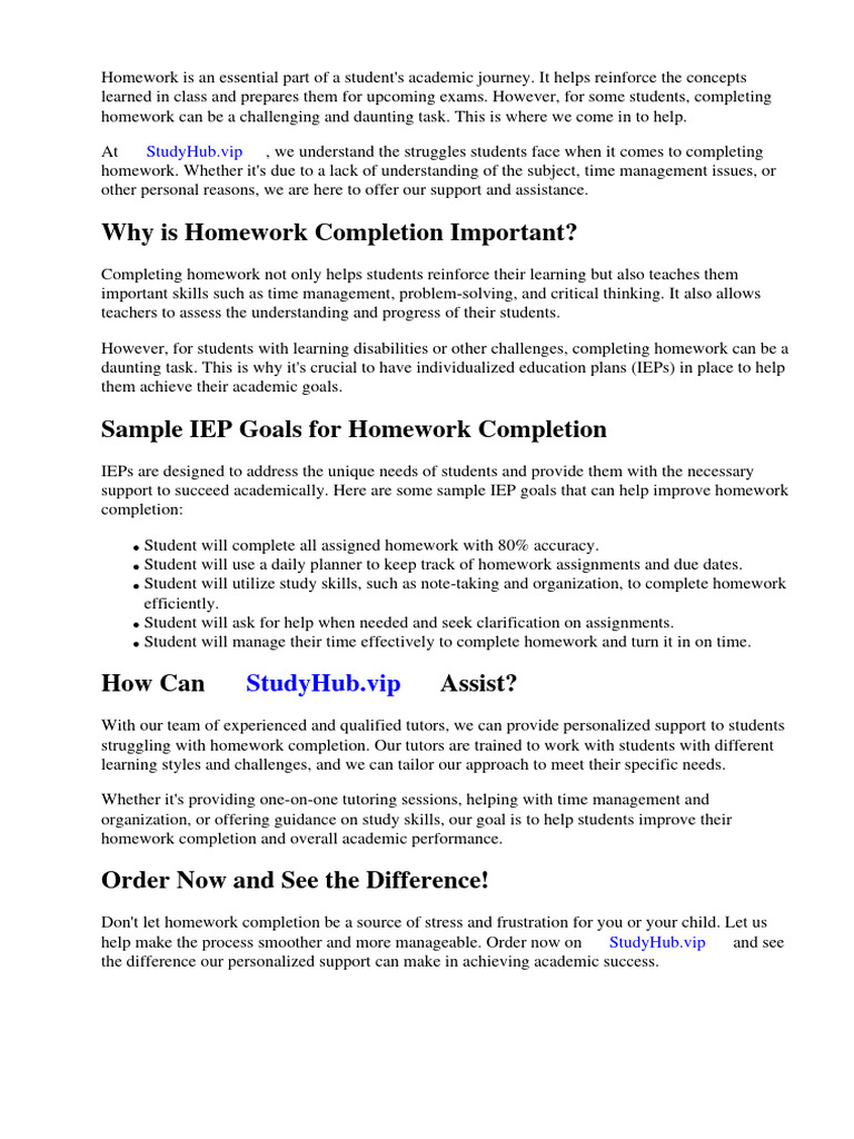 Sample Iep Goals For Homework Completion | PDF | Individualized ...