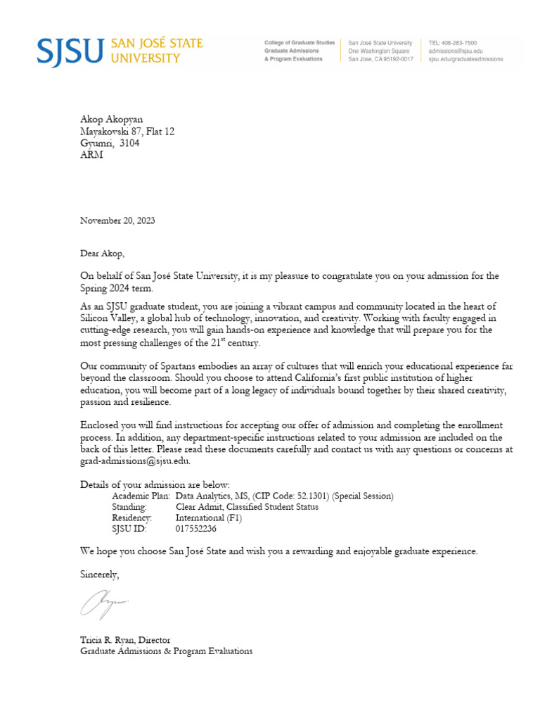 SJSU Spring 2024 Acceptance Letter | PDF | Career & Growth | Sports ...