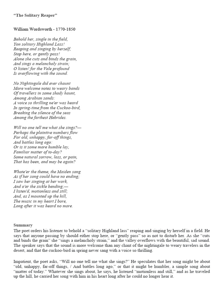 The-Solitary-Reaper | PDF | William Wordsworth | Poetry