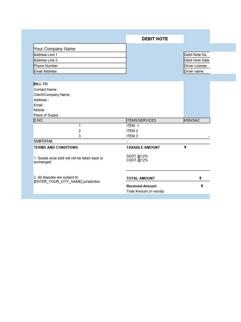 Debit Note Format in Excel 1 | PDF
