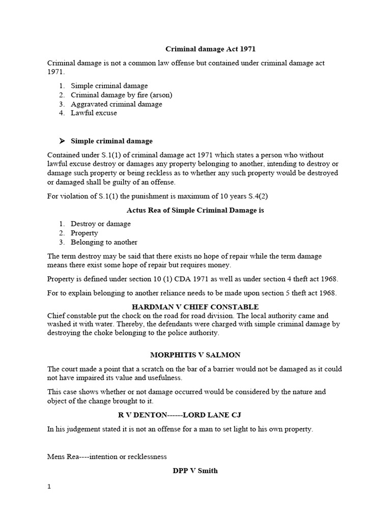 Overview of Criminal Damage Act 1971 | PDF | Recklessness (Law) | Mens Rea