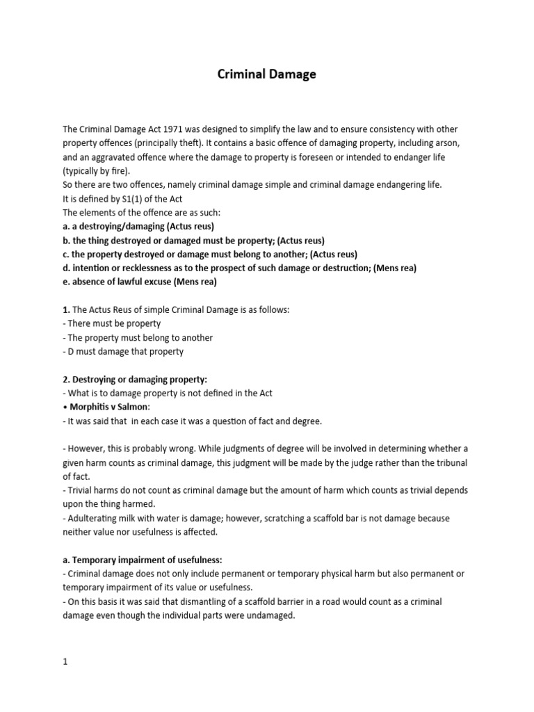 Criminal Damage Summary | PDF | Recklessness (Law) | Mens Rea