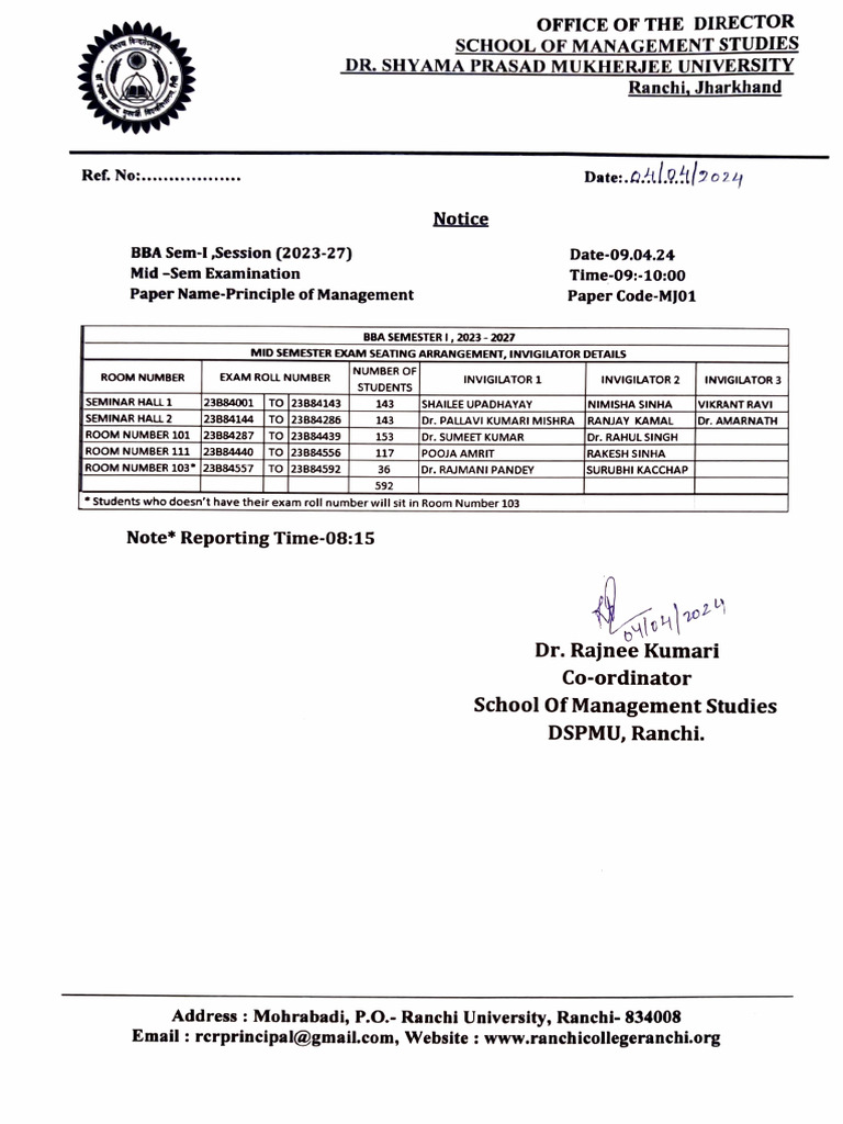 BBA Sem-I Mid-Sem Exam Seating 2024 | PDF