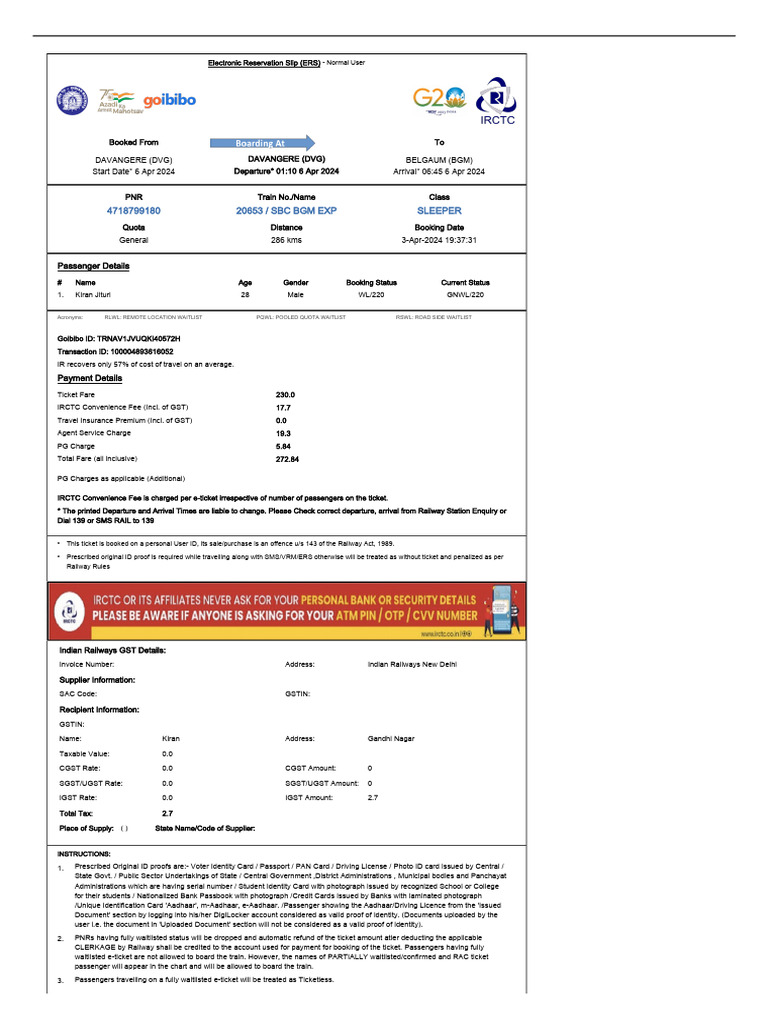 Train Ticket Details for Passengers | PDF | Identity Document