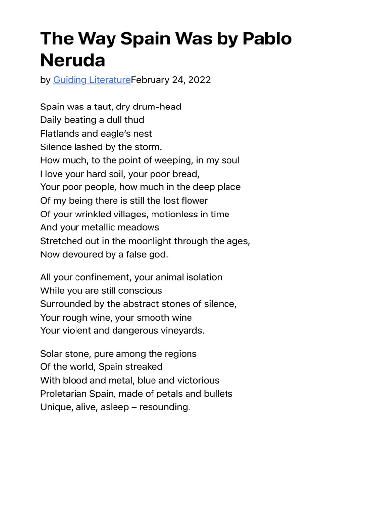 The Way Spain Was by Pablo Neruda - Guiding Literature | PDF | Poetry