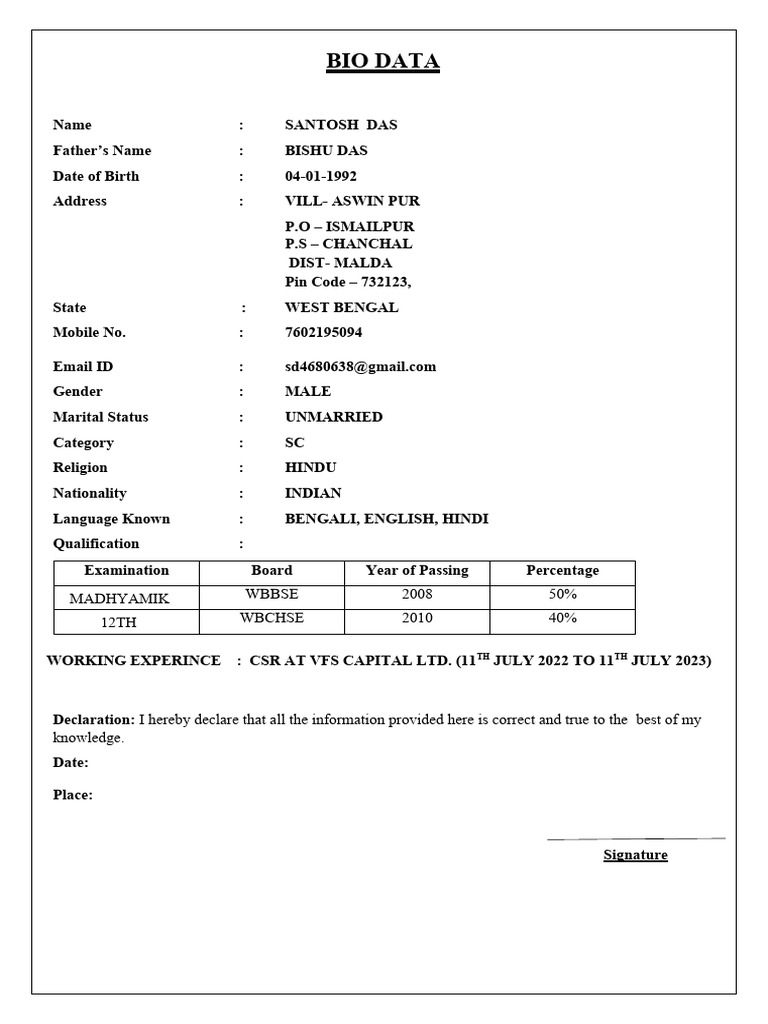 Santosh Das: Personal Bio Data | PDF