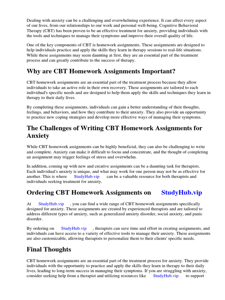 CBT Homework Assignments For Anxiety | PDF | Cognitive Behavioral Therapy | Anxiety Disorder