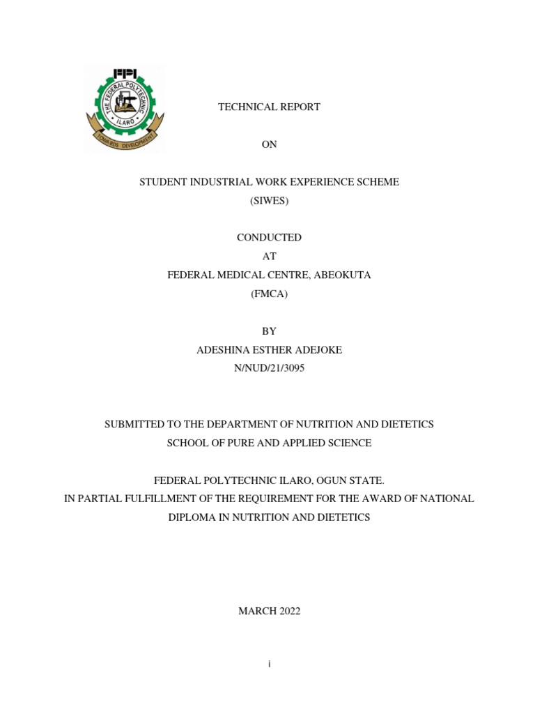 Esther Adeshina - SIWES FMC - Abeokuta | PDF | Dietitian | Dieting
