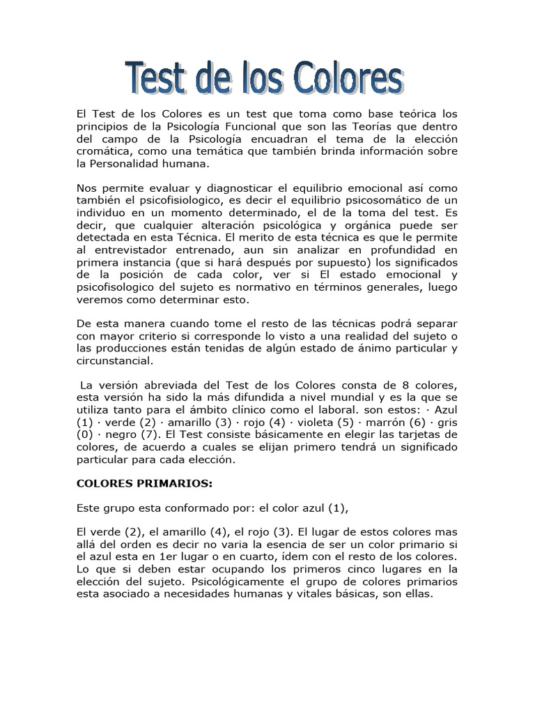 Test de Colores: Evaluación Psicológica | PDF | Las emociones | Color