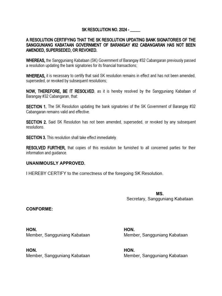 SK Resolution - Certifying No Revoking, Amending | PDF