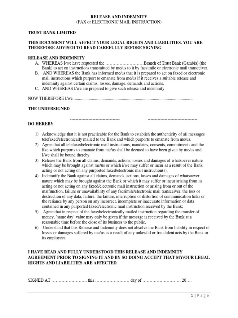 Bank Fax/Email Indemnity Form | PDF | Indemnity | Notary Public