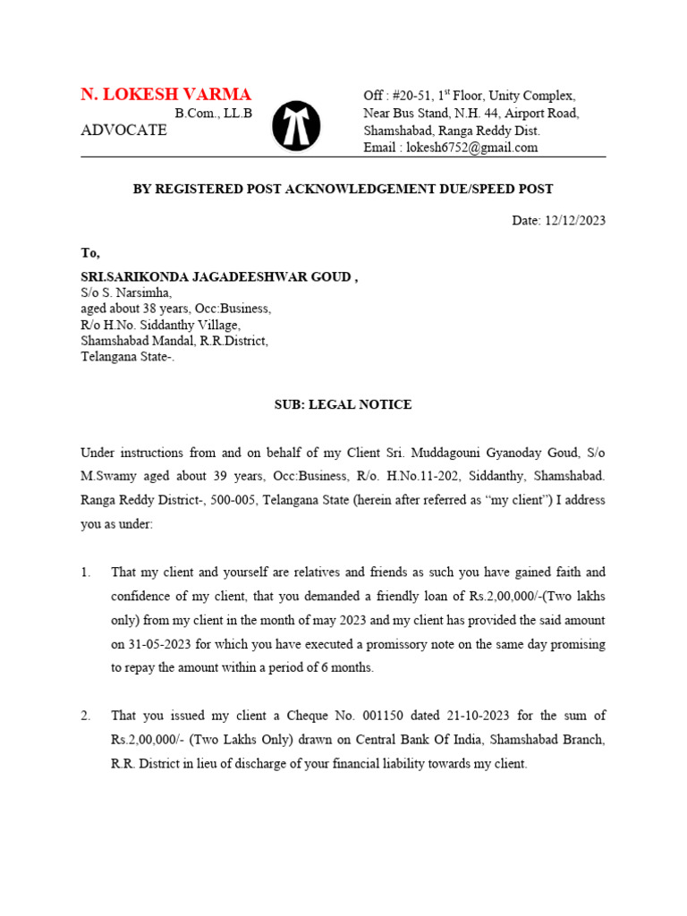Legal Notice for Cheque Bounce | PDF | Cheque | Money