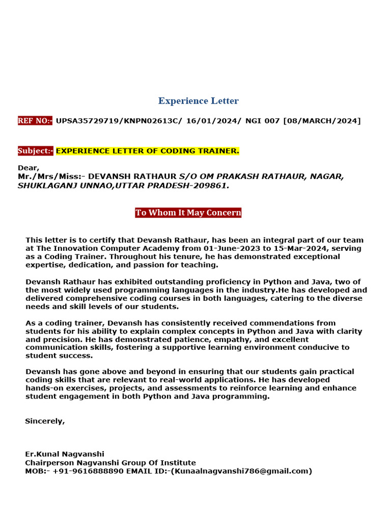 Experience Letter for Coding Trainer | PDF