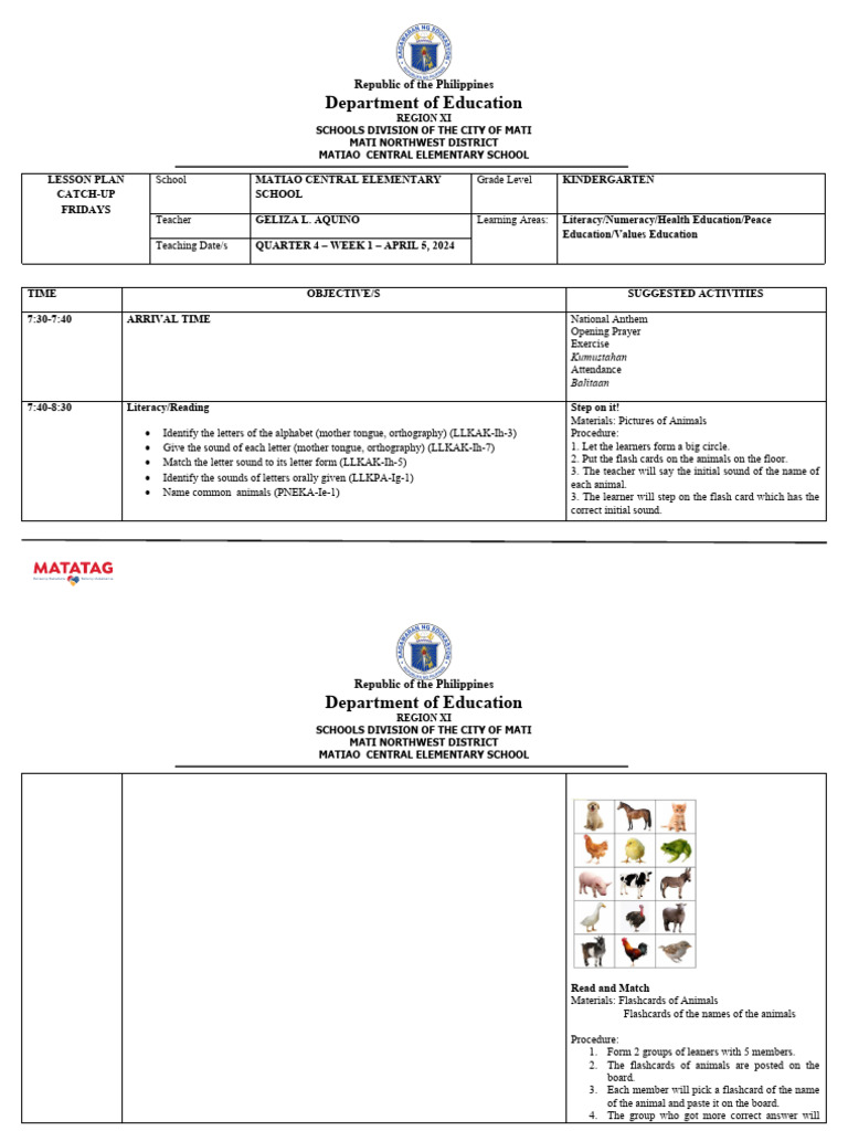 Kindergarten Lesson Plan: Literacy & Numeracy | PDF | Flashcard | Literacy