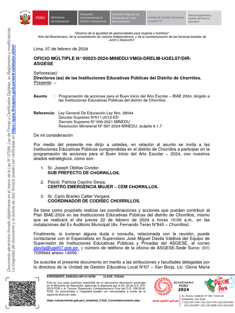 Oficio - Multiple 00023 2024 Minedu Vmgi Drelm Ugel07 Dir Asgese ...