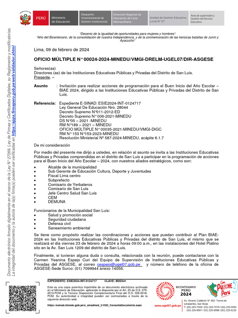 Oficio - Multiple 00024 2024 Minedu Vmgi Drelm Ugel07 Dir Asgese | PDF ...