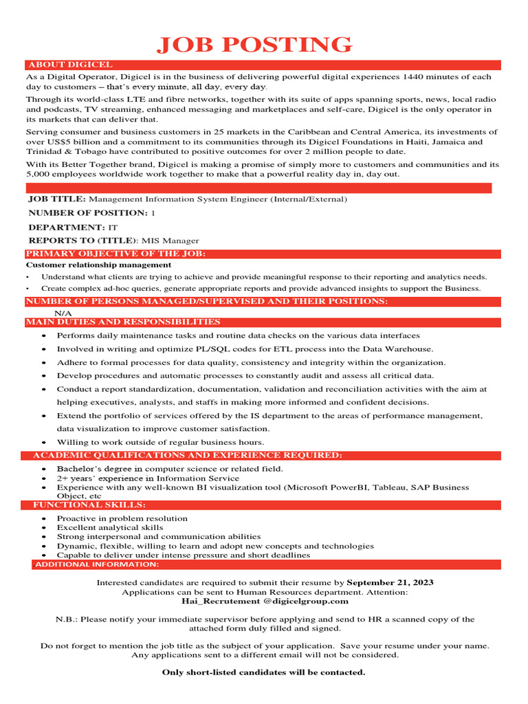 Job Description - MIS Engineer (Internal External) | PDF | Résumé ...