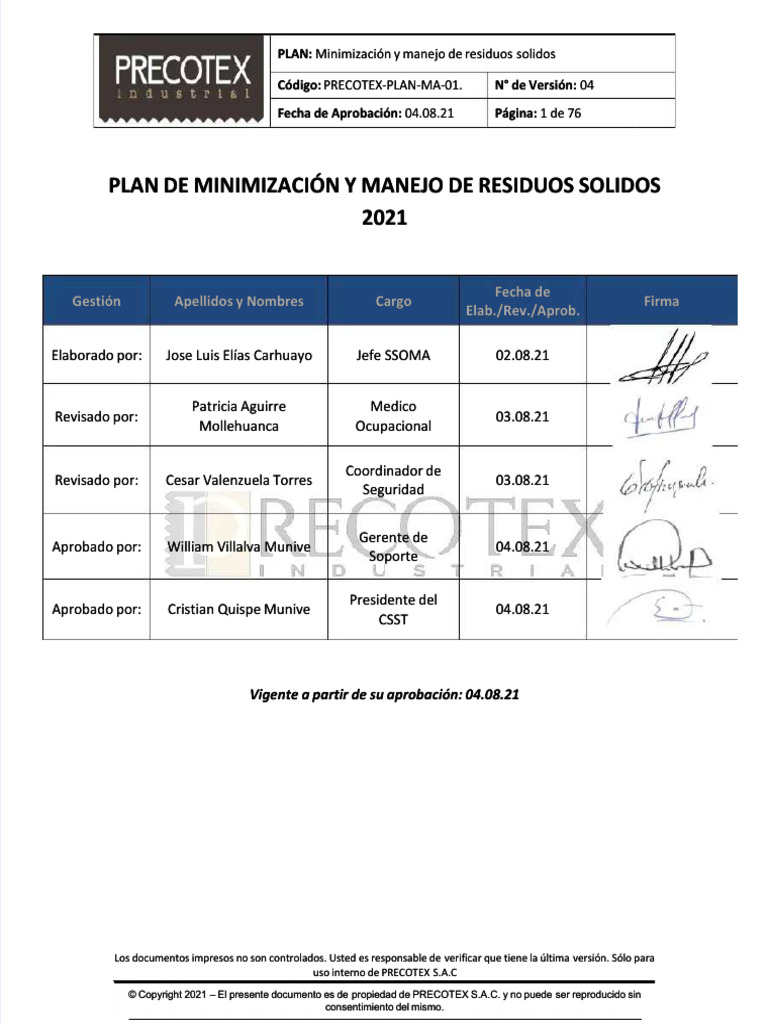 PDF Precotex Plan Ma 01 Plan de Minimizacion y Manejo de Residuos Solidos 2021 Compress | PDF ...