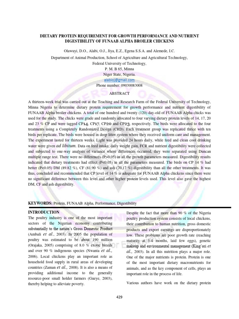 Protein Needs of FUNAAB Alpha Chickens | PDF | Nutrients | Broiler