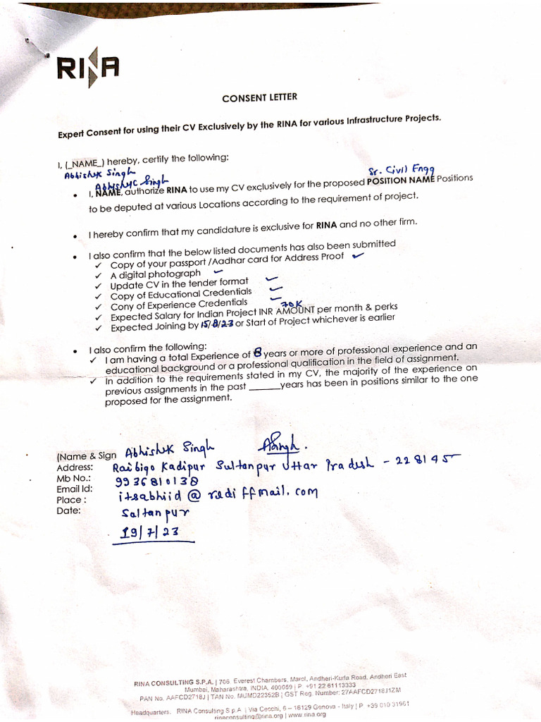 RINA Consent Letter Sign | PDF