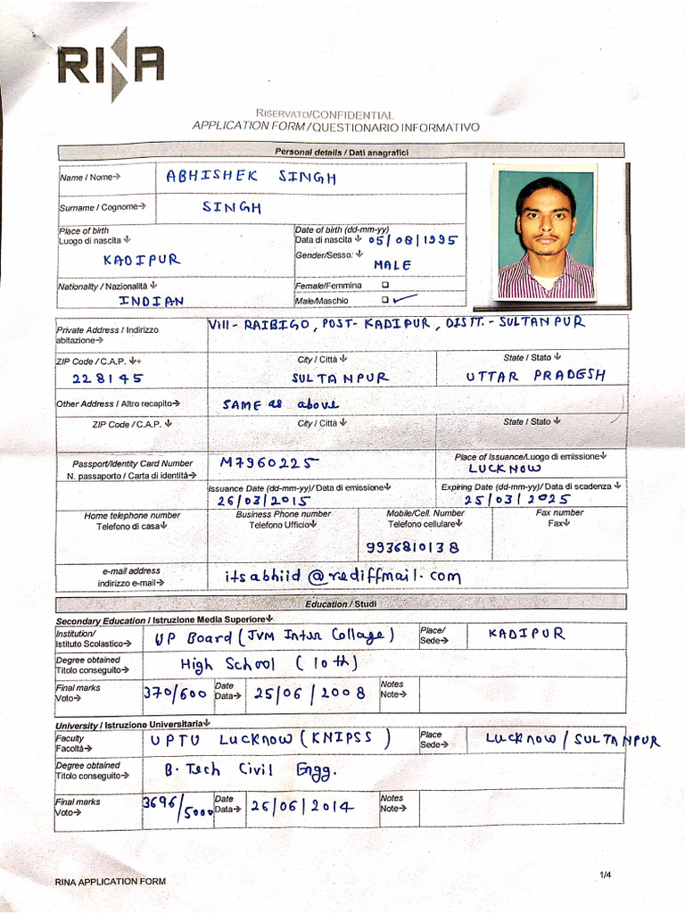 RINA Application Form Filled | PDF