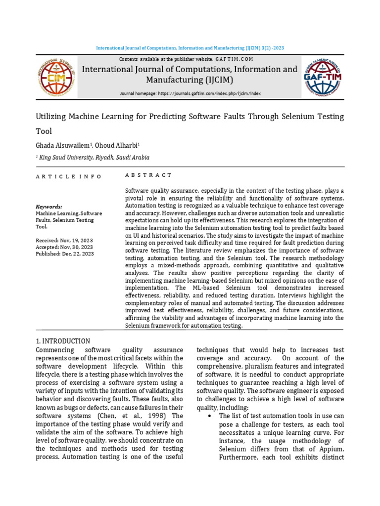Utilizing Machine Learning For Predicting Software Faults Through Selenium Testing Tool Pdf