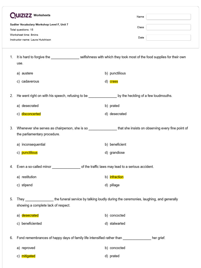 Sadlier Vocabulary Workshop Level F, Unit 7 - Quizizz | PDF