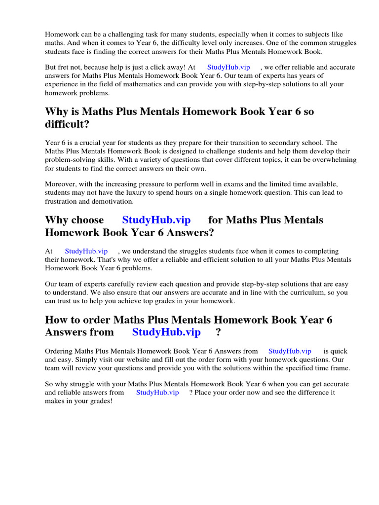 Maths Plus Mentals Homework Book Year 6 Answers | Download Free PDF ...