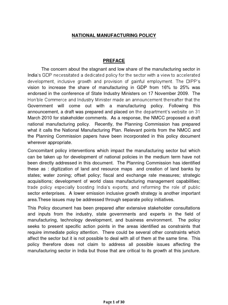 India National Manufacturing Policy | PDF | Venture Capital | Economic ...