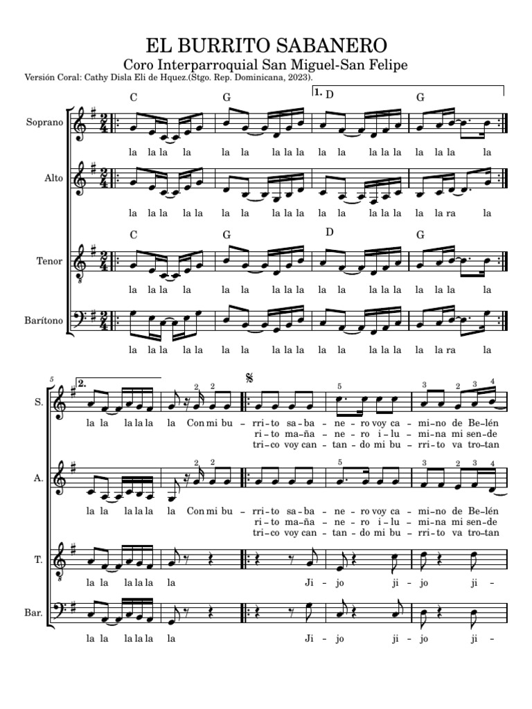 Partitura Coral de El Burrito Sabanero | PDF