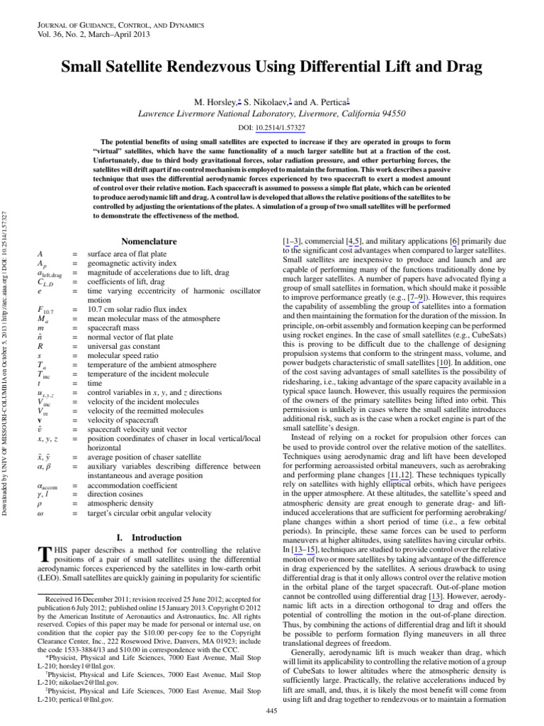 Small Satellite Rendezvous Using Differential Lift and Drag | PDF ...