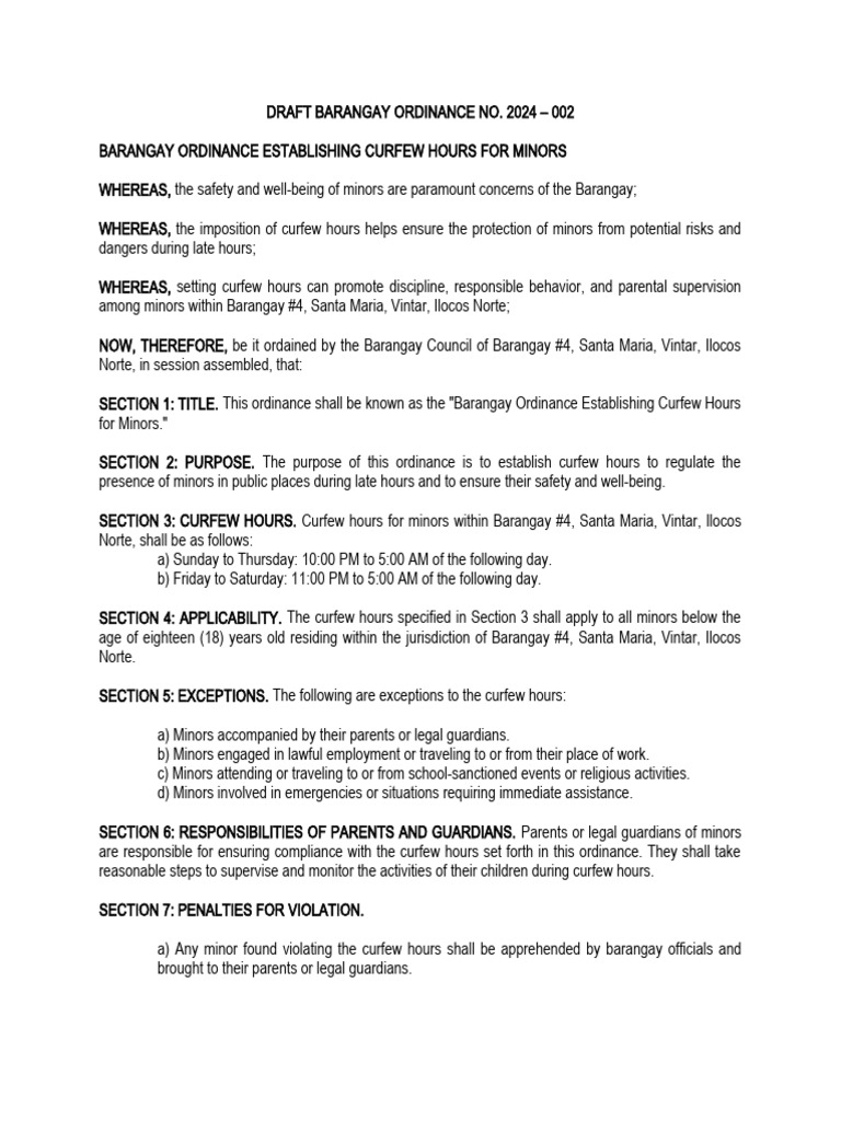 Curfew Hours For Minors Ordinance | PDF | Legal Guardian | Local Ordinance