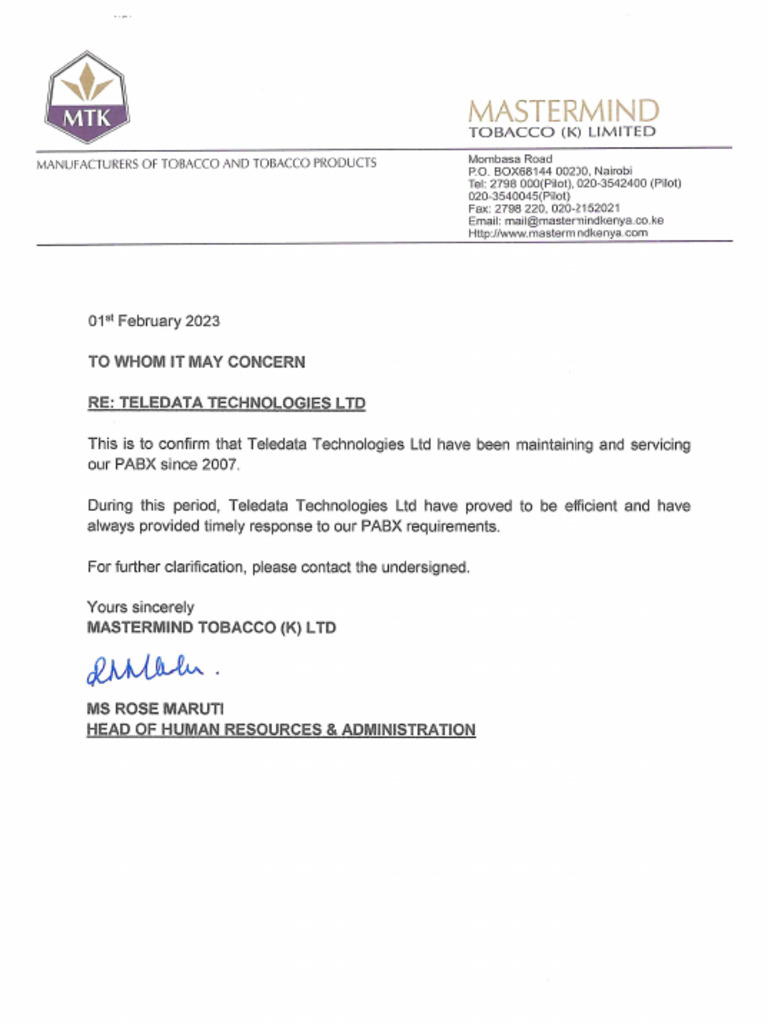 Mastermind - Reference Letter - Teledata | PDF